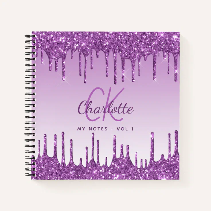 Purple glitter drips violet monogram notebook | Zazzle