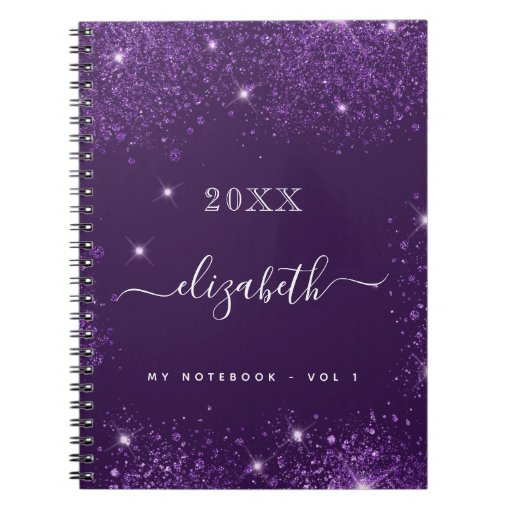 Purple glitter dust name script notebook | Zazzle
