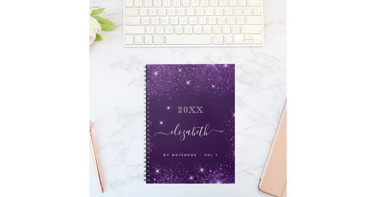 Purple glitter dust name script notebook | Zazzle
