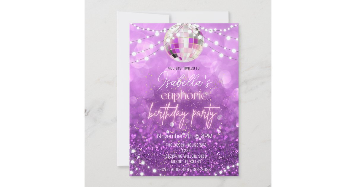 Purple Glitter Euphoria Birthday Party Invitation | Zazzle