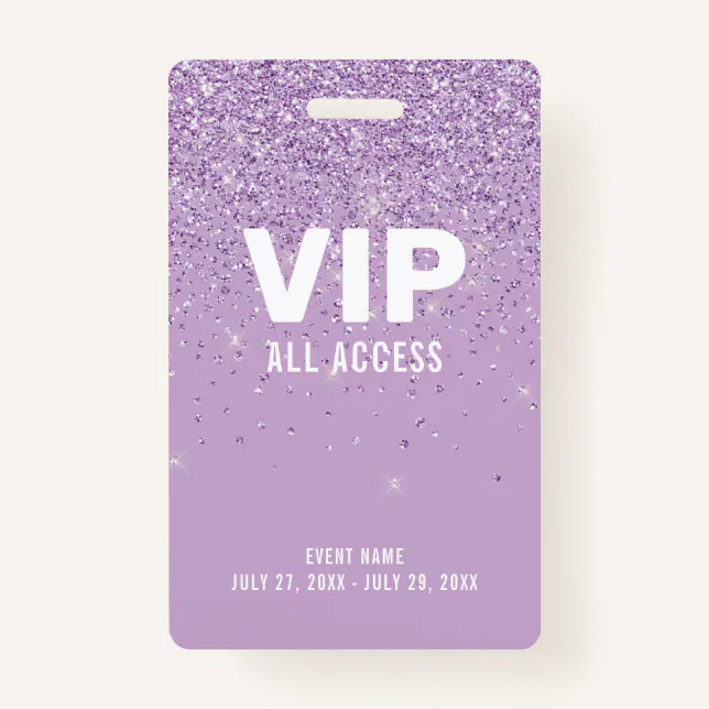 Purple Glitter Glam VIP All Access Pass Event ID Badge | Zazzle