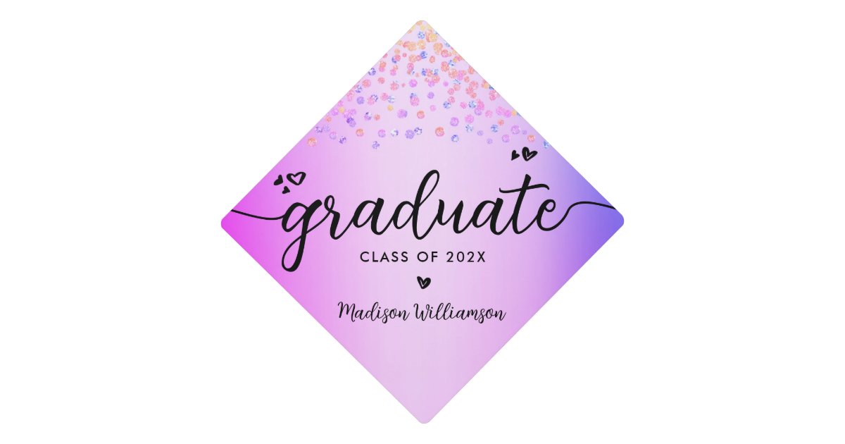 Purple Glitter Jewels Chic Modern Script Hearts Graduation Cap Topper ...