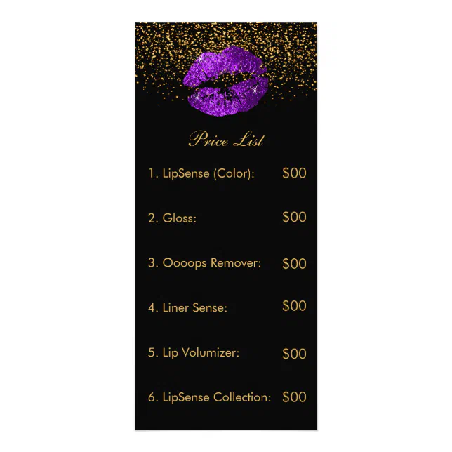 Purple Glitter Lip Price List Rack Card | Zazzle