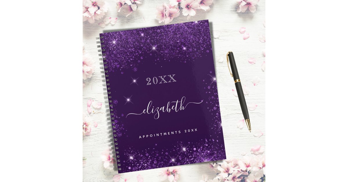 Purple glitter name script 2024 planner | Zazzle