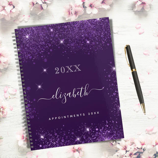 Purple glitter name script 2024 planner | Zazzle