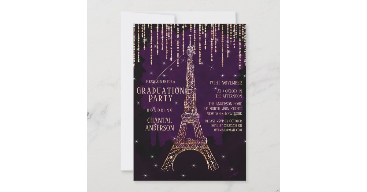 Purple Glitter Paris Eiffel Tower Graduation Invitation | Zazzle