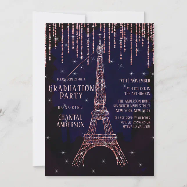 Purple Glitter Paris Eiffel Tower Graduation Party Invitation | Zazzle