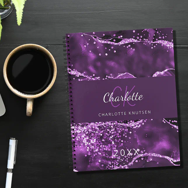 Purple glitter pink agate marble monogram notebook | Zazzle