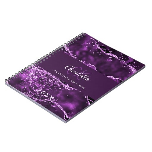 Purple glitter pink agate marble monogram notebook | Zazzle