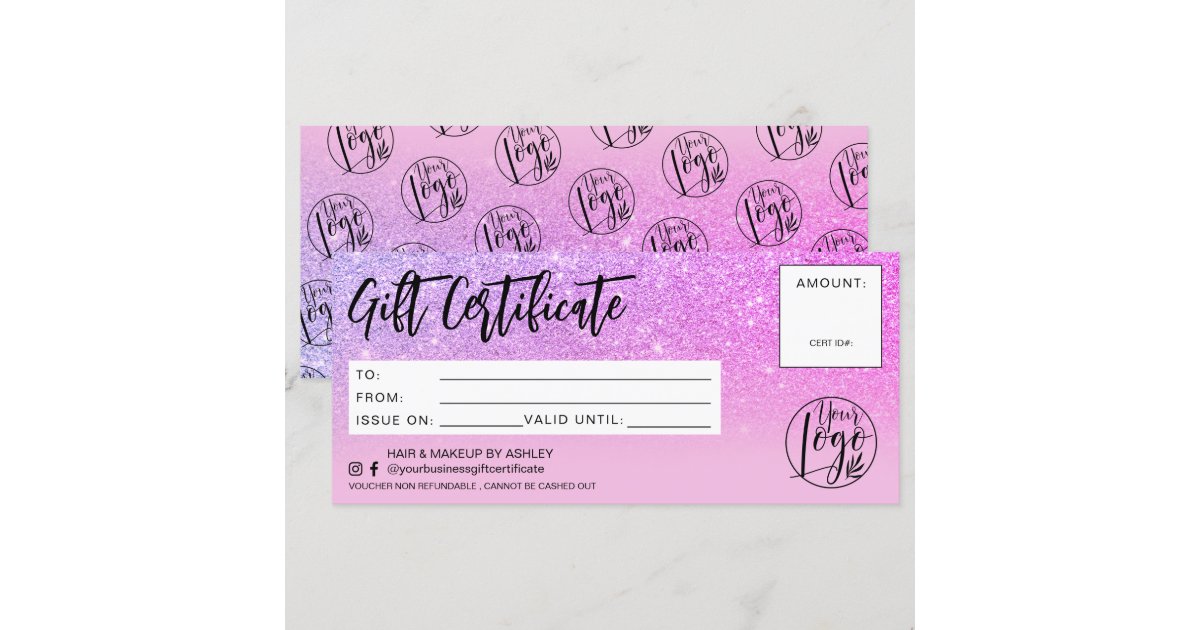Purple glitter pink chic gift certificate logo | Zazzle