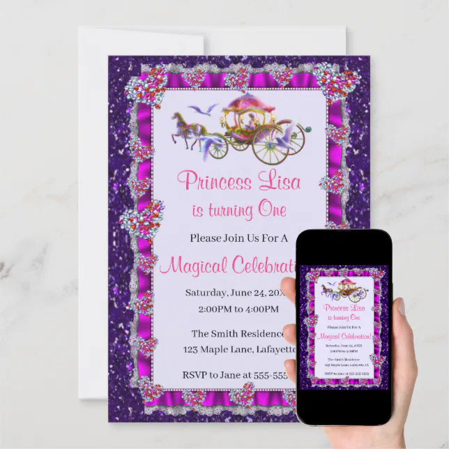 Purple Glitter Royal Princess Birthday Invitation | Zazzle