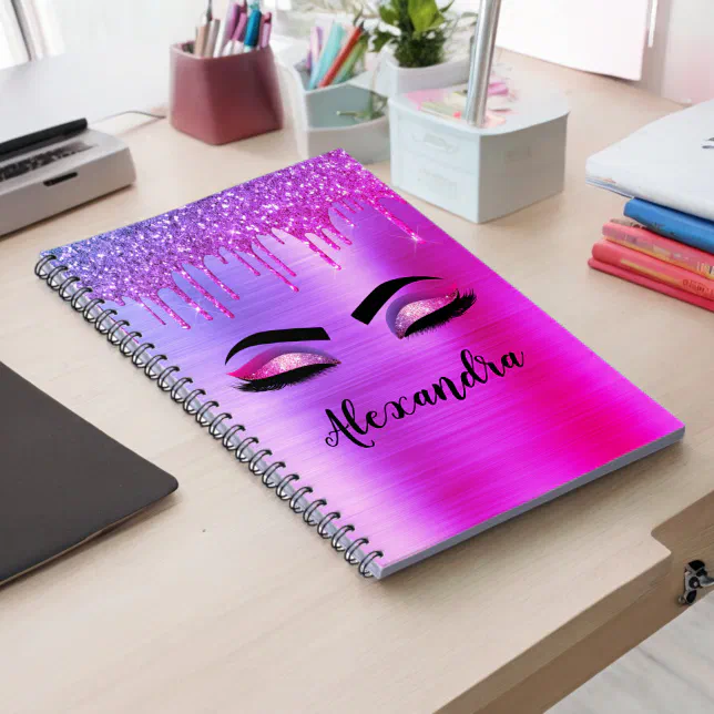 Purple Glitter Sparkle Eyelashes Monogram Name Notebook | Zazzle