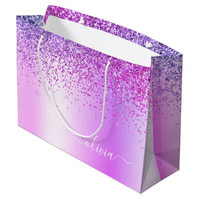 Purple Glitter Sparkle Metal Monogram Name Large Gift Bag | Zazzle