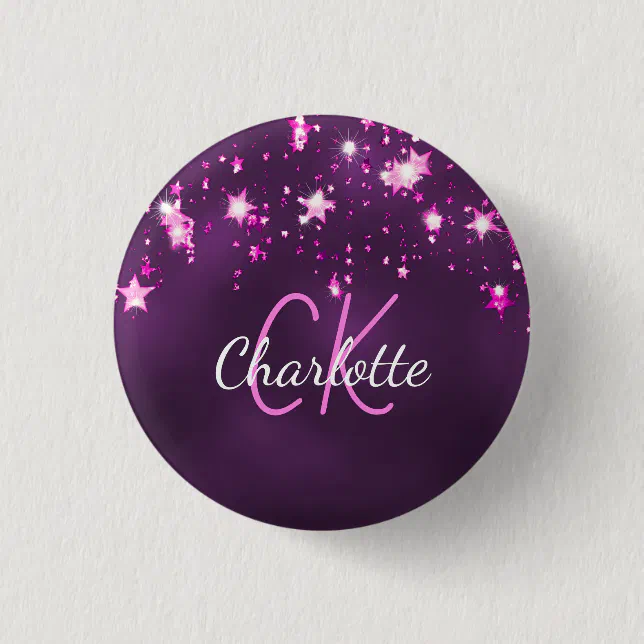 Purple glitter stars custom monogram pink button | Zazzle