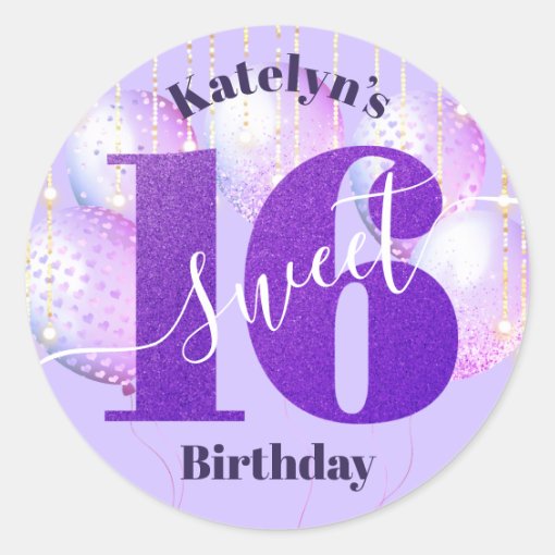 Purple Glitter Sweet 16 Birthday Balloons Script Classic Round Sticker ...