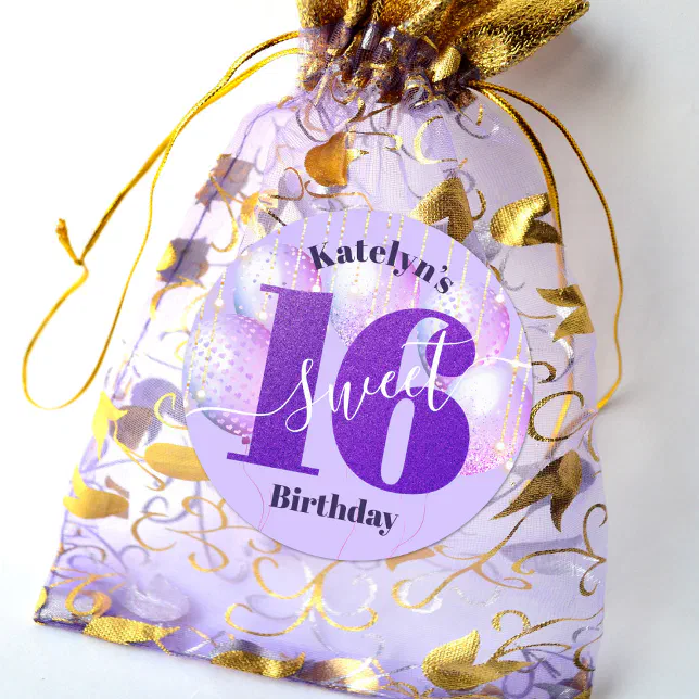 Purple Glitter Sweet 16 Birthday Balloons Script Classic Round Sticker ...