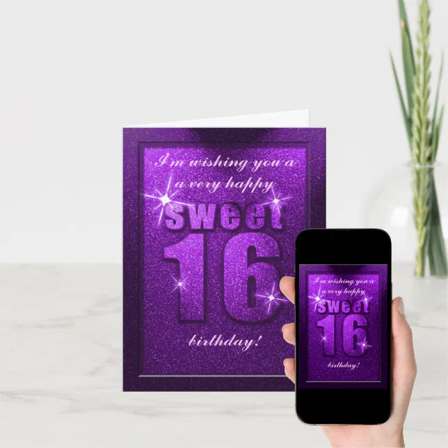 Purple Glitter Sweet 16 Birthday Party Card | Zazzle