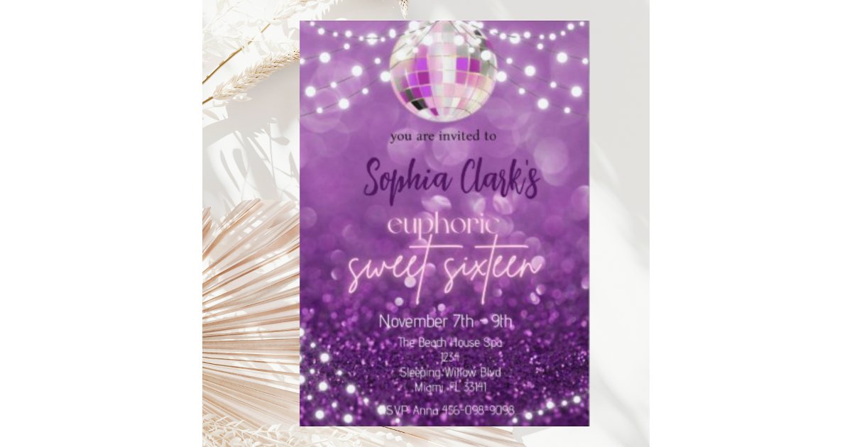 Purple Glitter Sweet Sixteen Euphoria Invitation | Zazzle