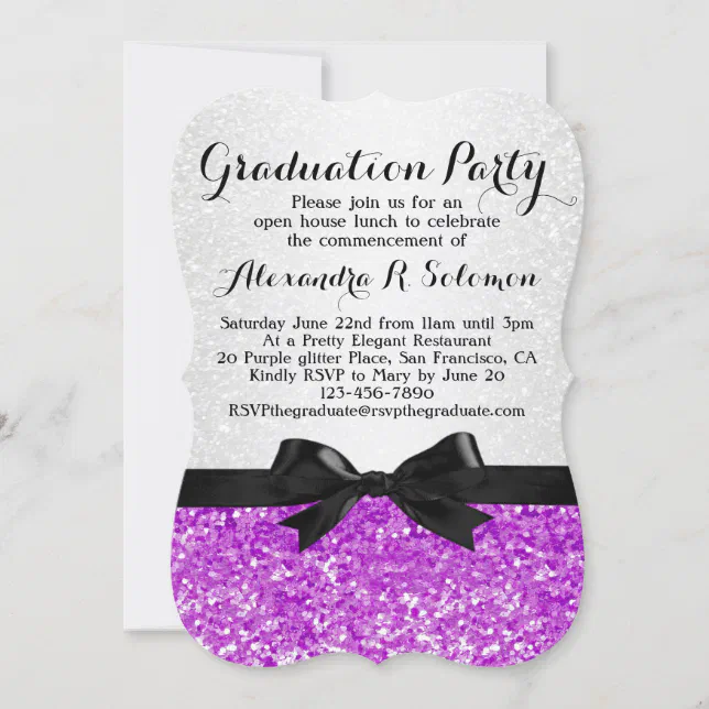 Purple Glittery Bow Graduation Party Invitation | Zazzle