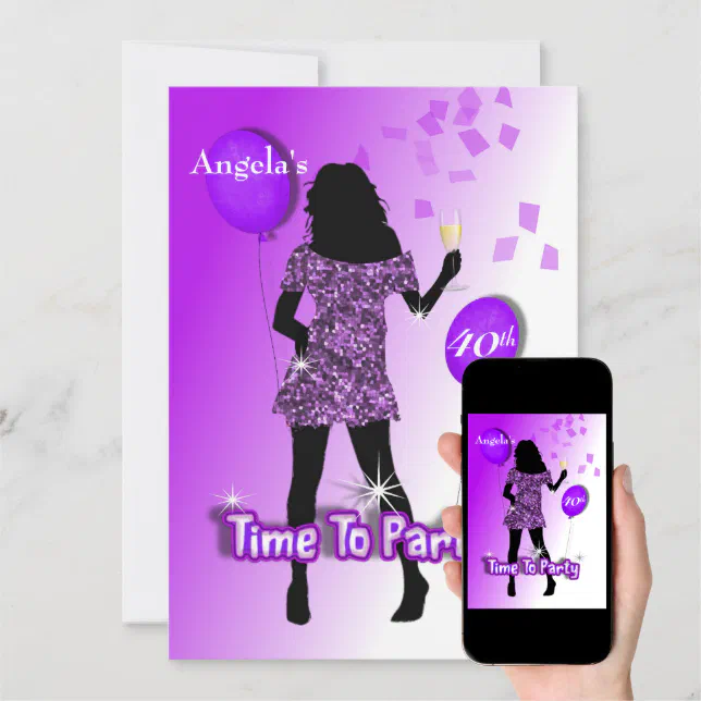 Purple Glitzy Girly Time To Party Personalized Invitation | Zazzle