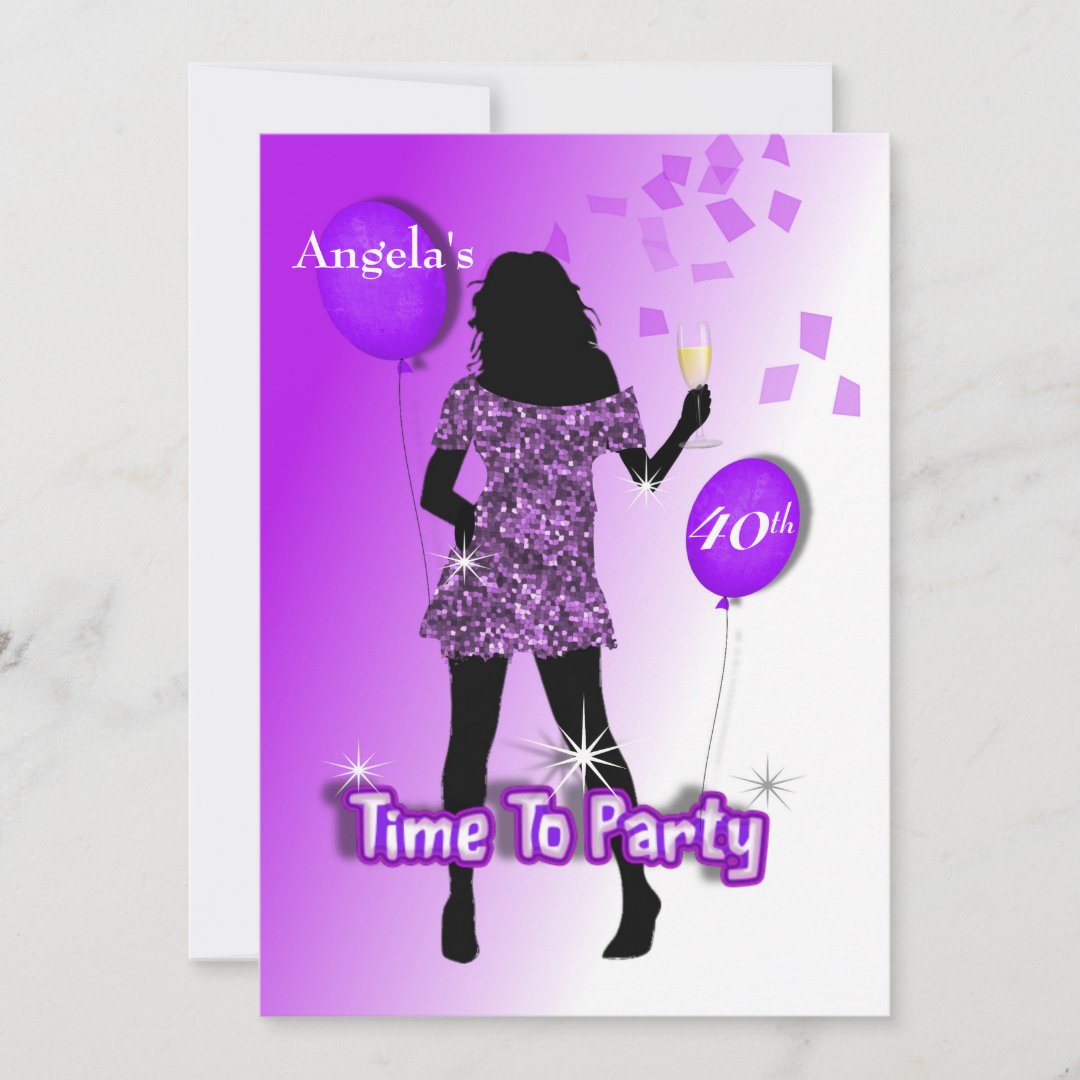 Purple Glitzy Girly Time To Party Personalized Invitation | Zazzle