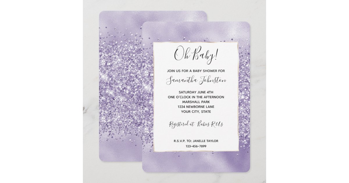 Purple Glitzy Glitter Baby Shower Invitation | Zazzle