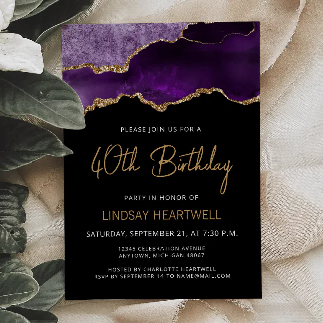 Purple Gold Agate 40th Birthday Invitation | Zazzle