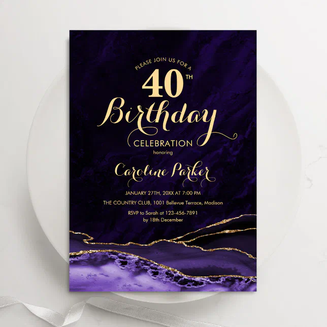 Purple Gold Agate 40th Birthday Invitation | Zazzle