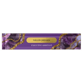 Purple & Gold Agate Geode Glitter Office Desk Name Plate | Zazzle