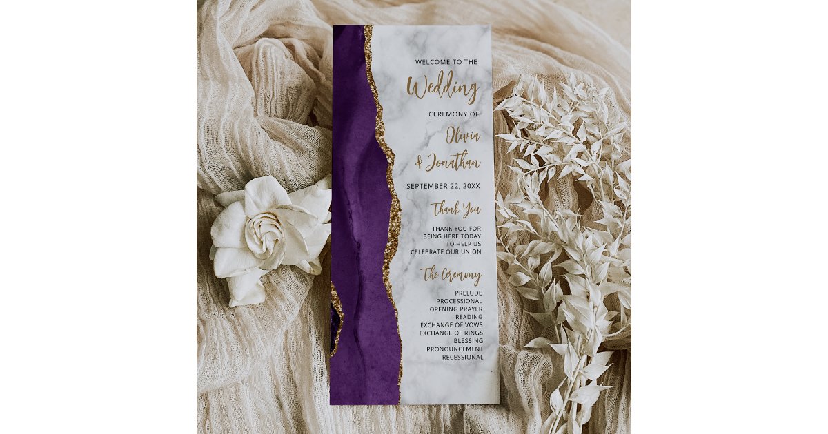 Purple Gold Agate Marble Script Wedding Program | Zazzle