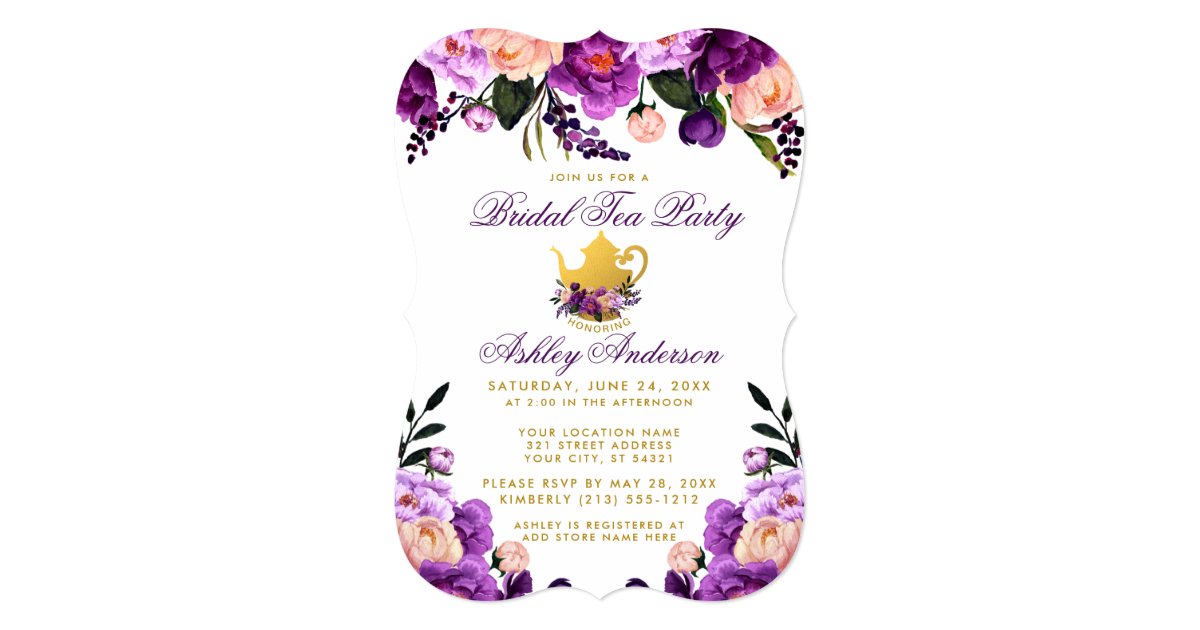 Purple Gold Bridal Shower Tea Party Invite B | Zazzle.com