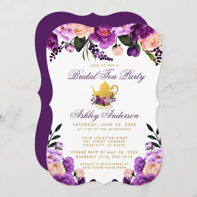 Purple Gold Bridal Shower Tea Party Invite BP | Zazzle