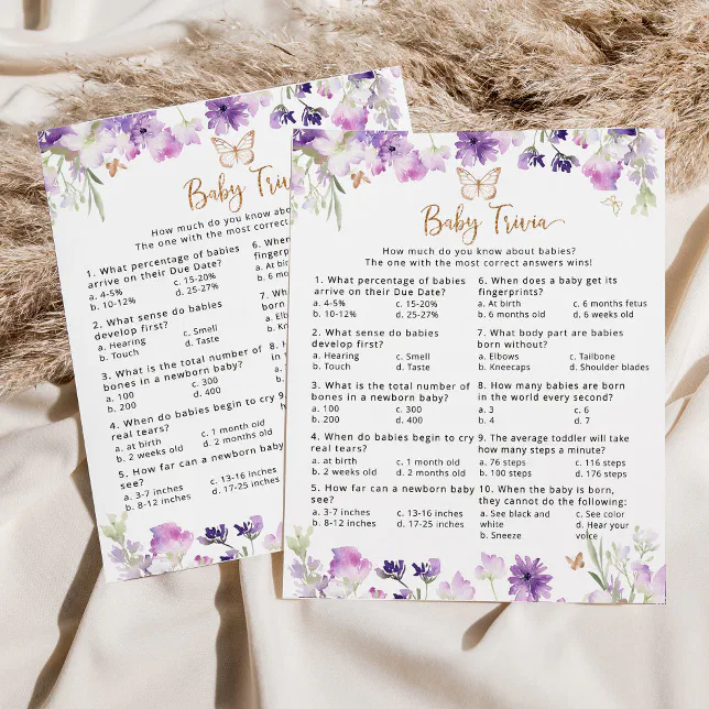 Purple gold butterfly Baby trivia baby shower game | Zazzle