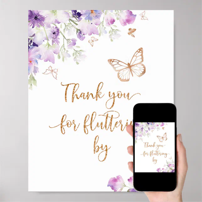 Purple gold butterfly Thank you for fluttering by Poster | Zazzle