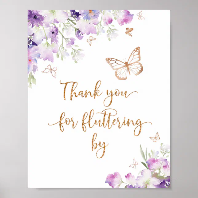 Purple gold butterfly Thank you for fluttering by Poster | Zazzle