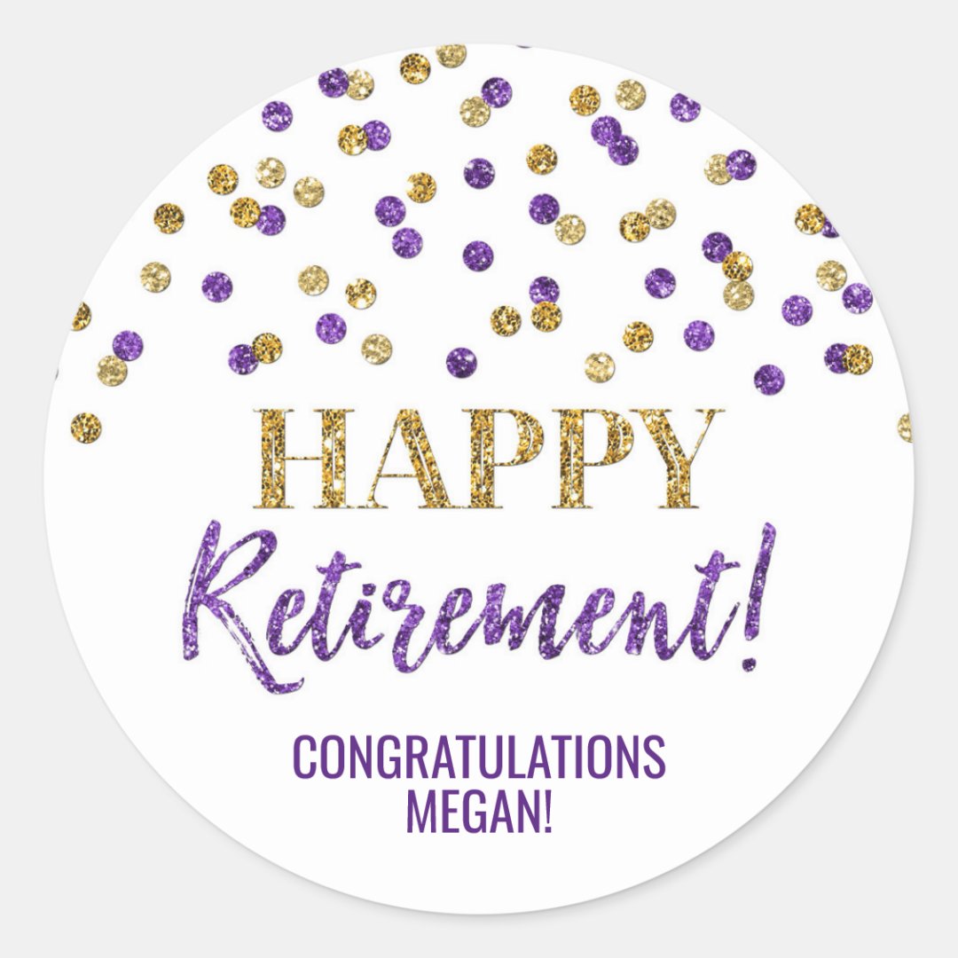 Purple Gold Confetti Happy Retirement Classic Round Sticker | Zazzle