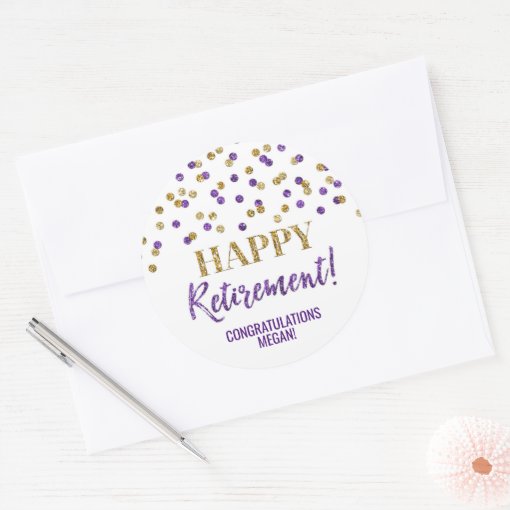 Purple Gold Confetti Happy Retirement Classic Round Sticker | Zazzle