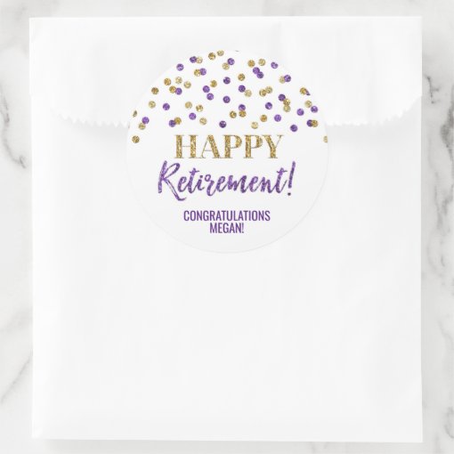 Purple Gold Confetti Happy Retirement Classic Round Sticker | Zazzle