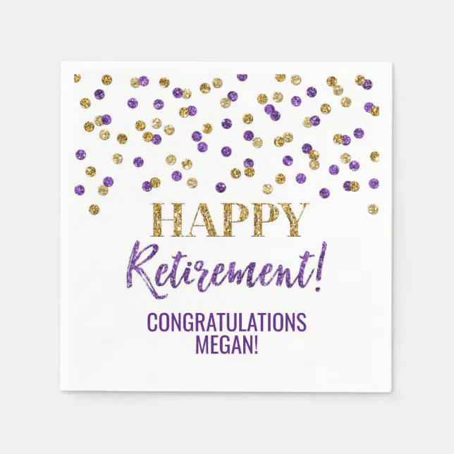 Purple Gold Confetti Happy Retirement Napkins | Zazzle
