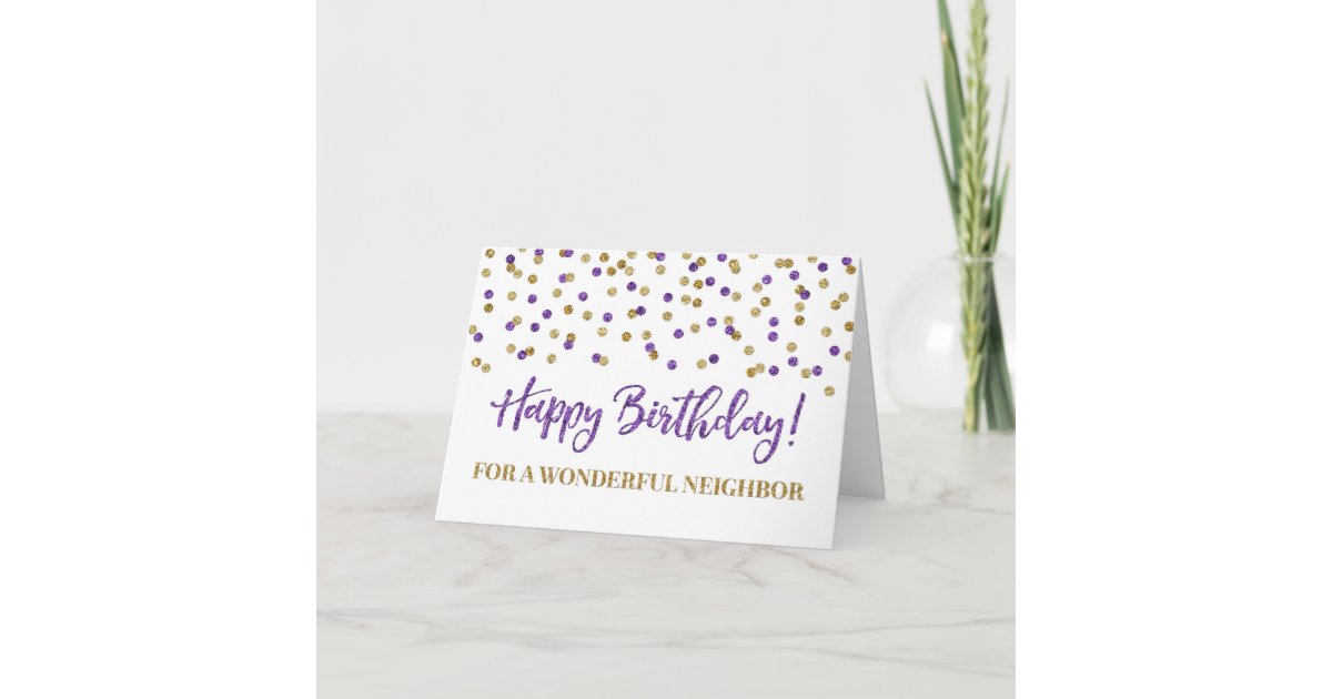 Purple Gold Confetti Neighbor Birthday Card | Zazzle
