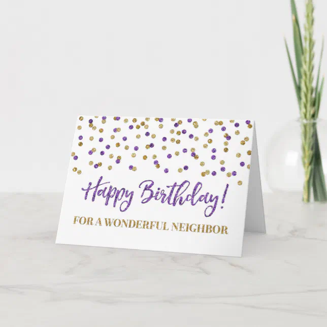 Purple Gold Confetti Neighbor Birthday Card | Zazzle
