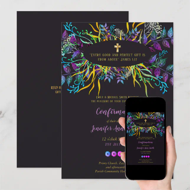 Purple Gold Confirmation Invite Floral Leaves | Zazzle