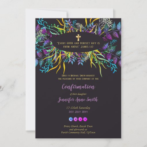 Purple Gold Confirmation Invite Floral Leaves | Zazzle