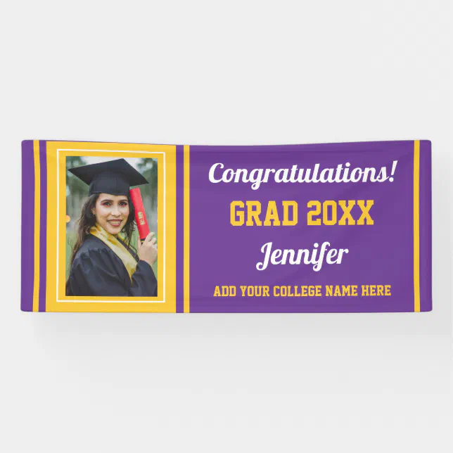 Purple Gold Congrats Grad Custom Photo Graduation Banner | Zazzle
