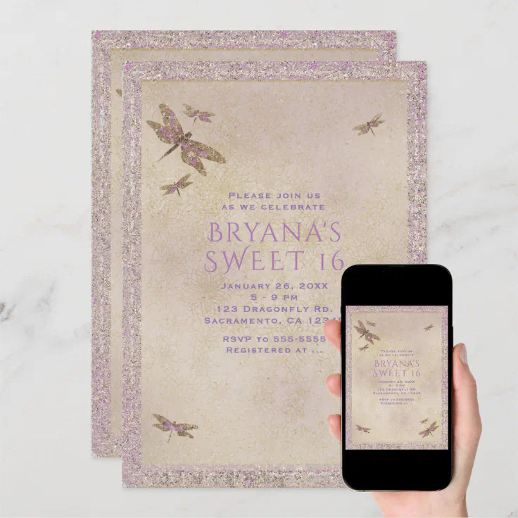 Purple & Gold Dragonflies Dragonfly Invitations | Zazzle