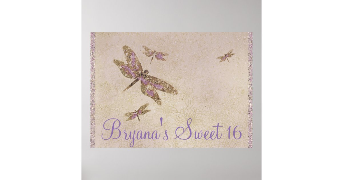Purple & Gold Dragonflies Dragonfly Party Banner Poster | Zazzle