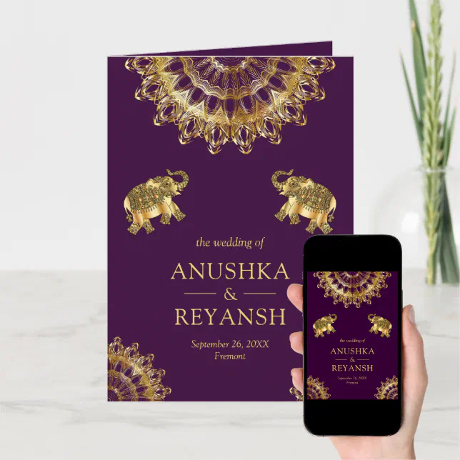 Purple Gold Ethnic Elephant Indian QR Code Wedding Invitation | Zazzle