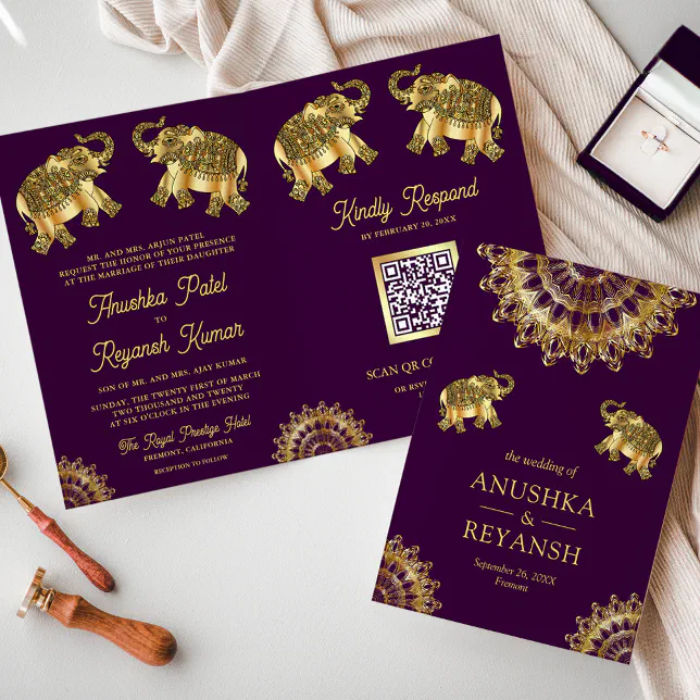 Purple Gold Ethnic Elephant Indian QR Code Wedding Invitation | Zazzle