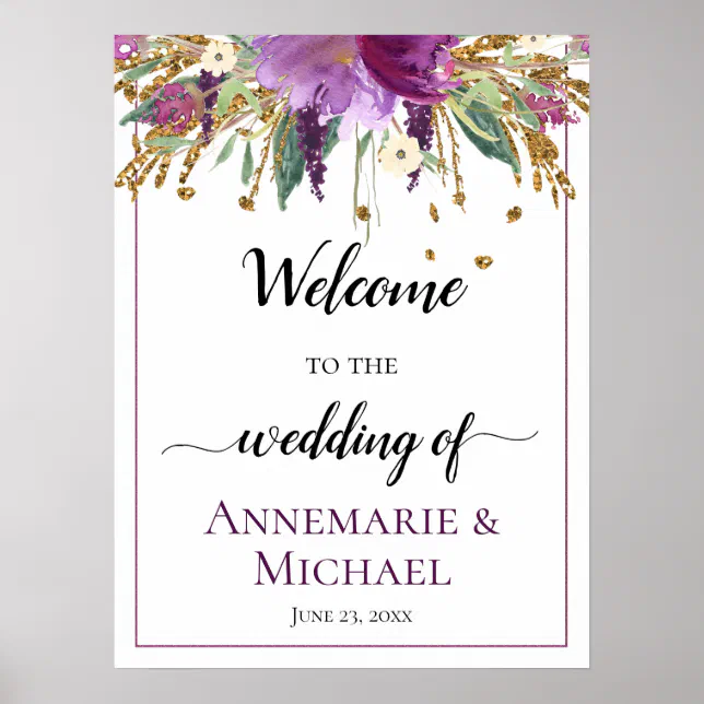 Purple Gold Floral 18x24 Welcome To The Wedding Poster | Zazzle