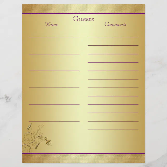 Purple Gold Floral Guest Book Paper | Zazzle